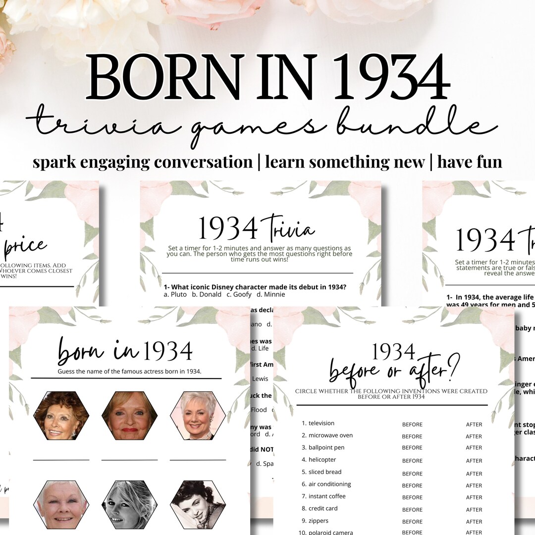 Born in 1934 Printable Birthday Games for Her Turning 90 Party Women's ...