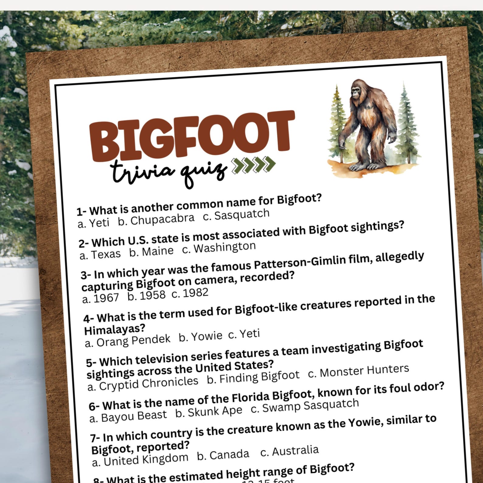 Bigfoot Trivia Quiz: Camping, Hiking, Road Trip Game (PDF) - Etsy