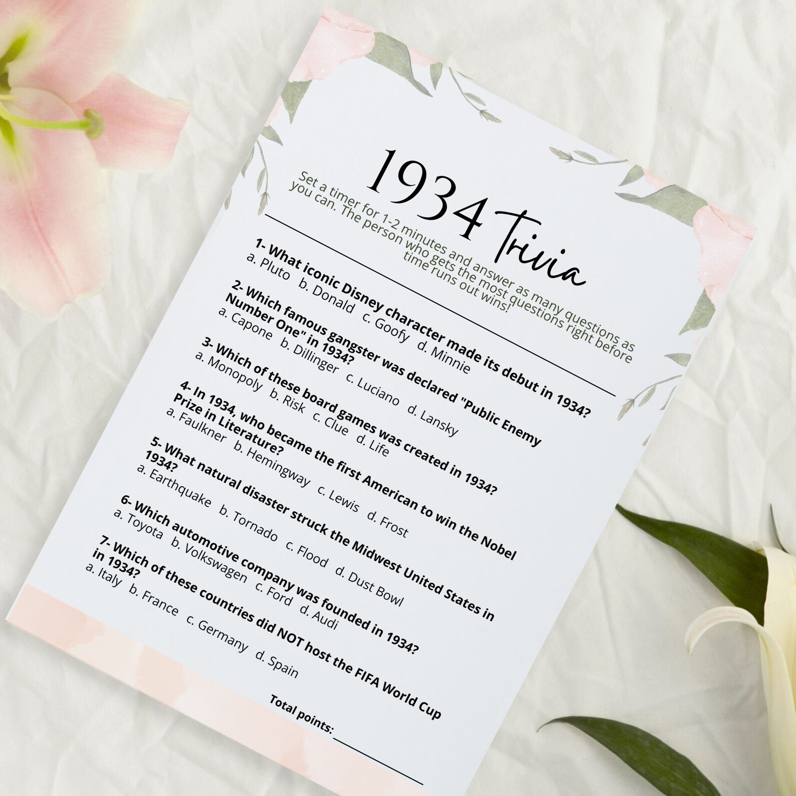90th Birthday Trivia Games: Born in 1934 Party Bundle (PDF) - Etsy