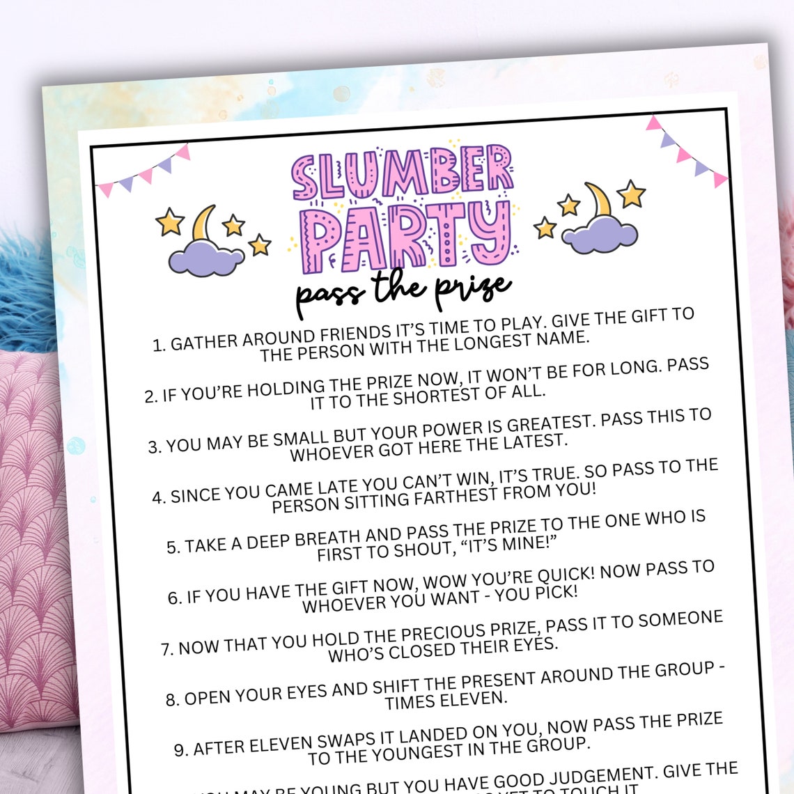 Slumber Party Pass the Prize Left Right Pink Purple Game Activity for ...