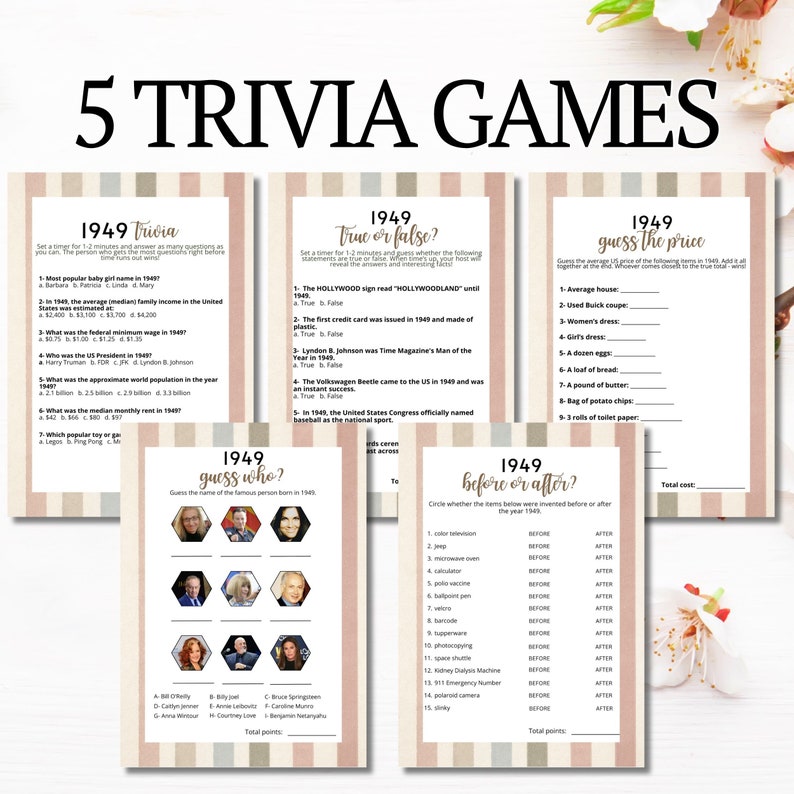 Born in 1949 Trivia 75th Birthday Game Party Pack Bundle Set of Instant ...