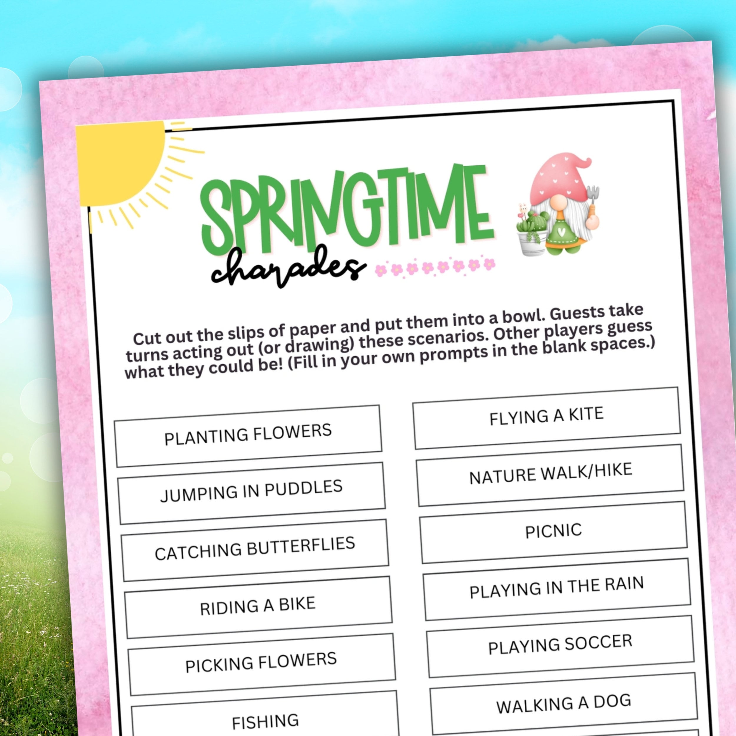 Spring Charades Game for Seasonal Parties Family Gatherings Picnics ...