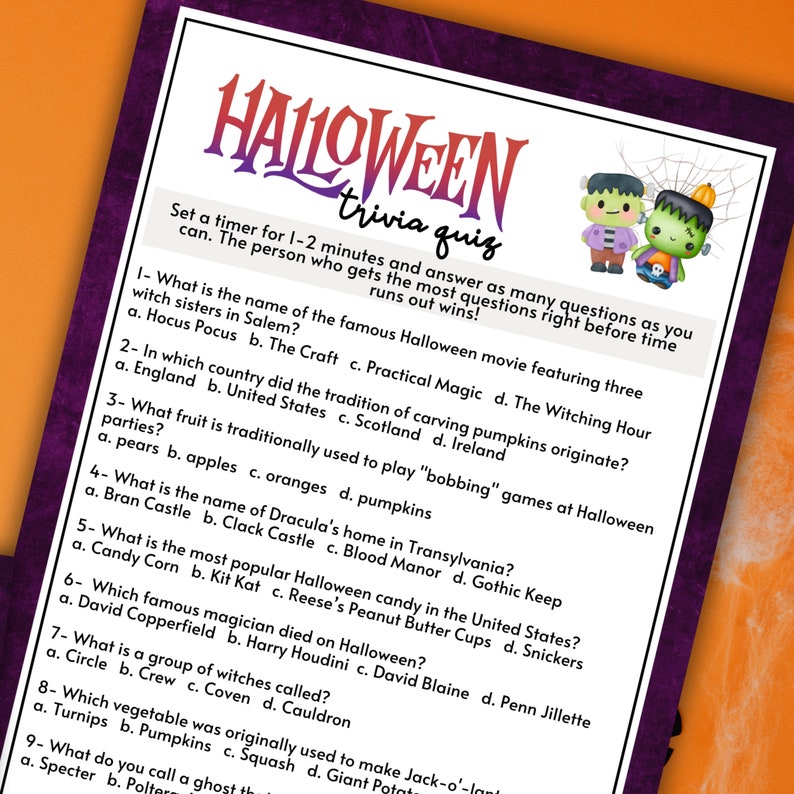 Halloween Trivia Quiz Printable Party Game Interesting Facts Match up ...