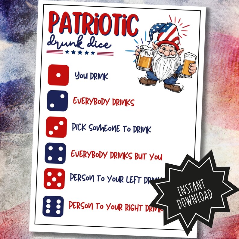 Patriotic Drunk Dice Drinking Game: 4th of July Party (PDF) - Etsy