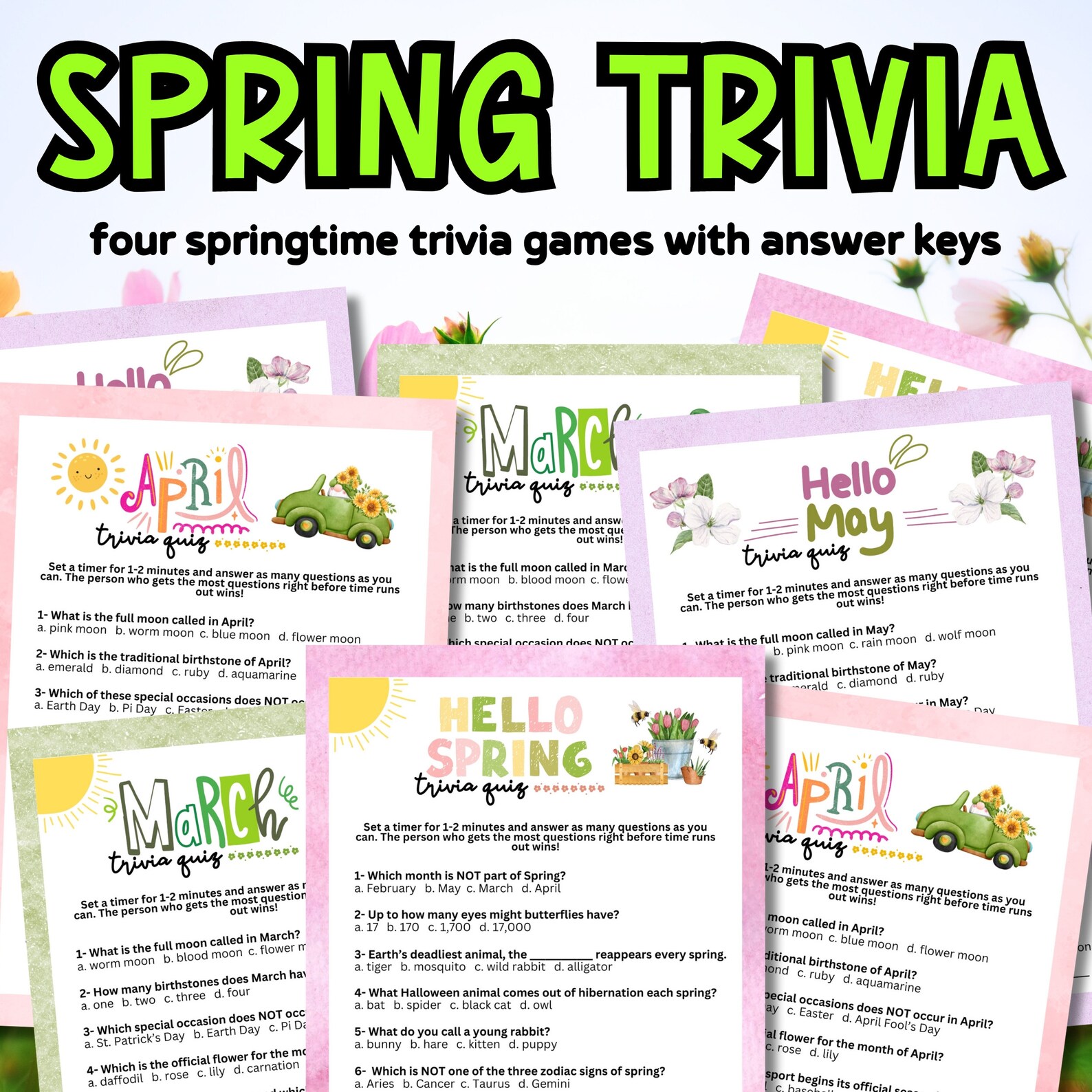 Spring Trivia Printable Multiple Choice Spring Game for Kids and Adults ...