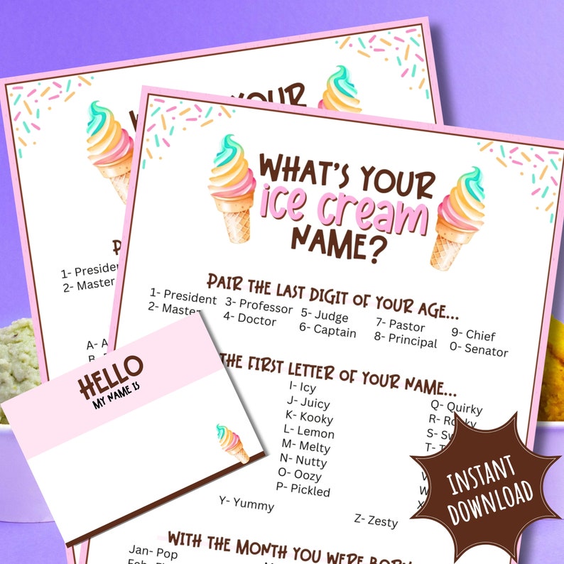 What's Your Ice Cream Name Game Personalized Party Activity for Kids ...