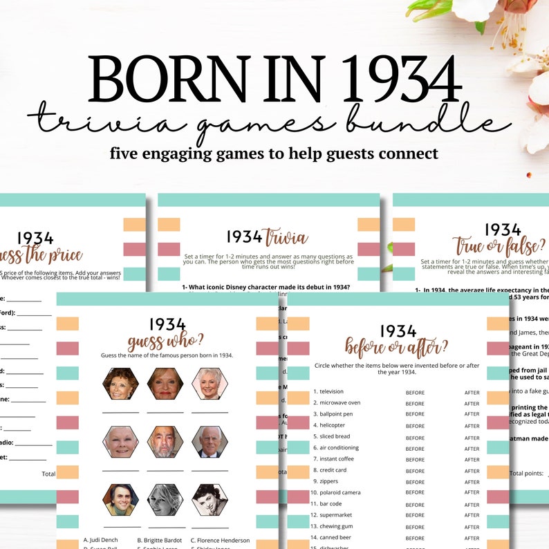 1934 Trivia 90th Birthday Game Bundle (printable Quizzes) - Etsy