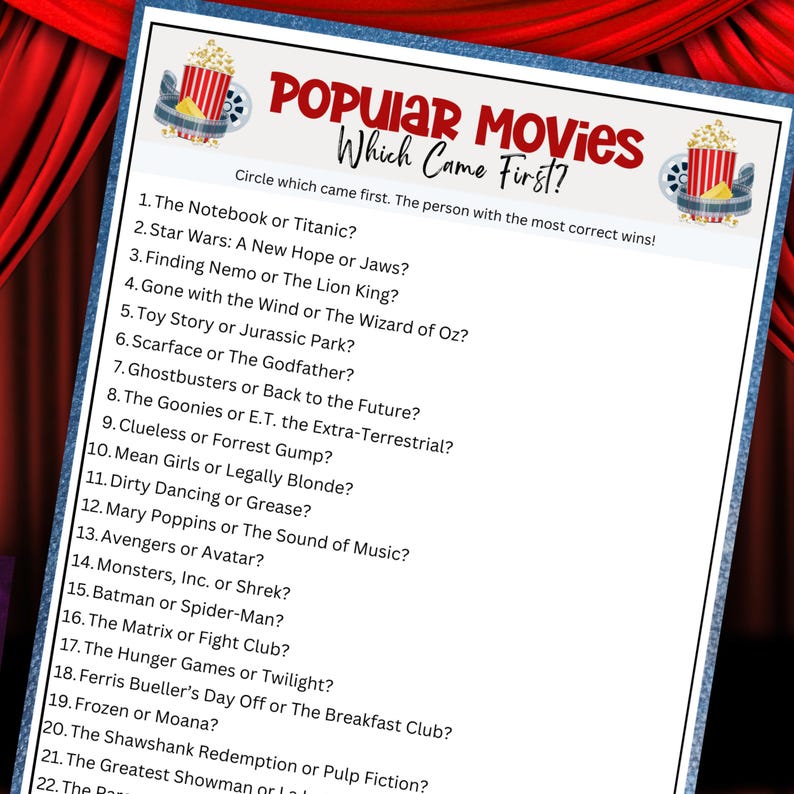 Movie Trivia Game: Which Came First? - Family Game Night (printable PDF ...