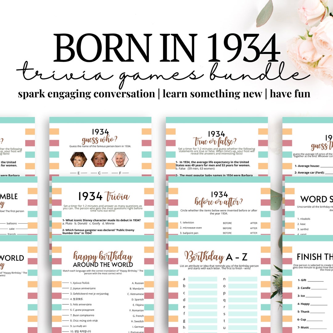 90th Birthday Party Games: 1934 Trivia Bundle (PDF) - Etsy