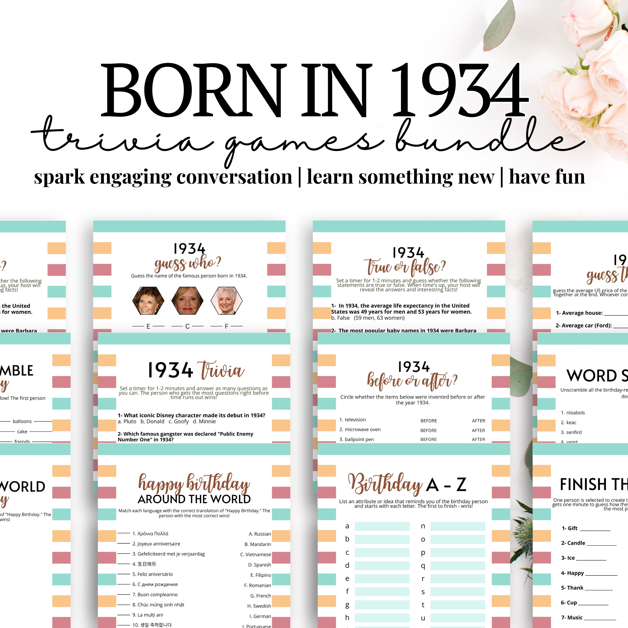 90th Birthday Party Games: 1934 Trivia Bundle (PDF) - Etsy
