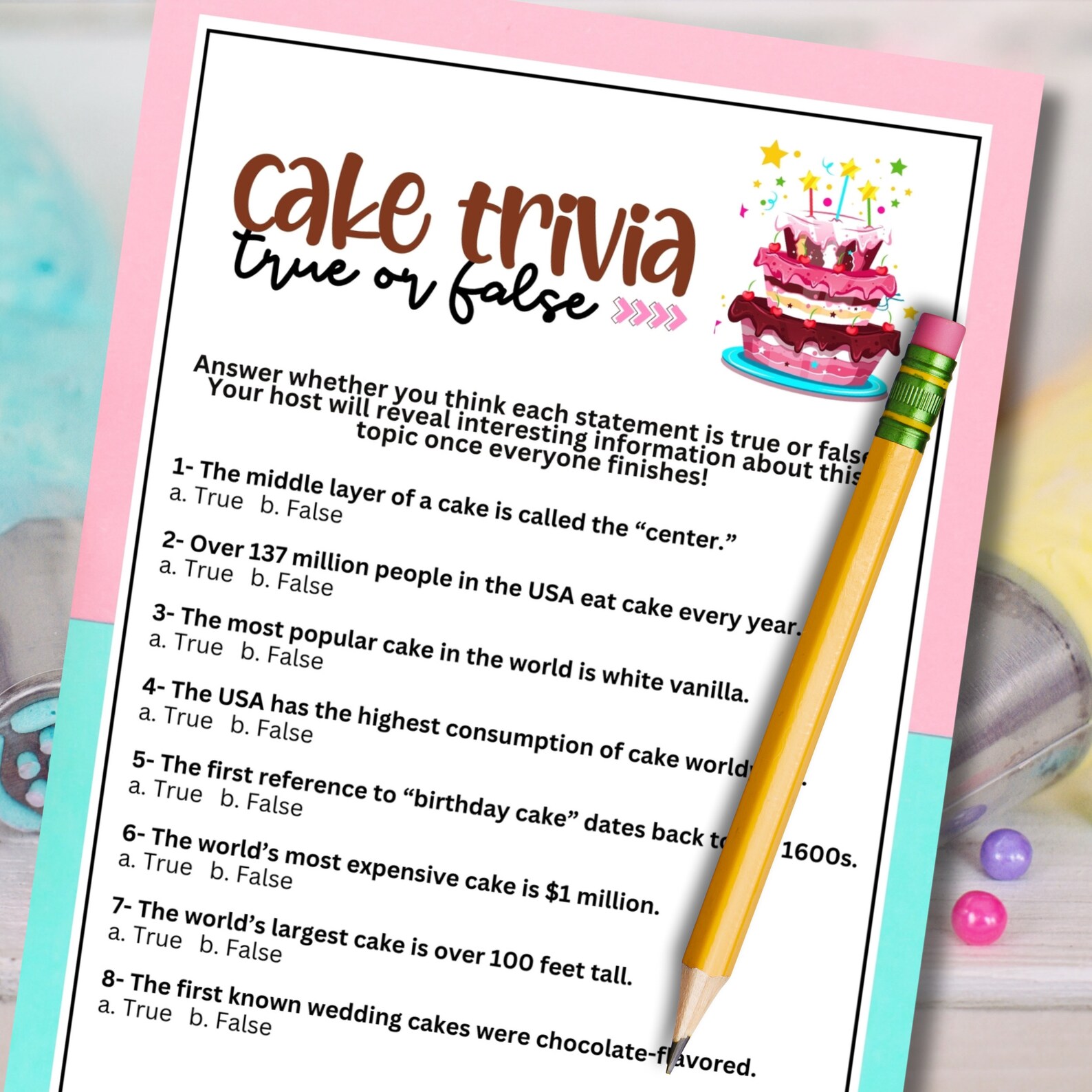 Cake True or False Trivia Printable Activity Quiz Game for Kids Adults ...