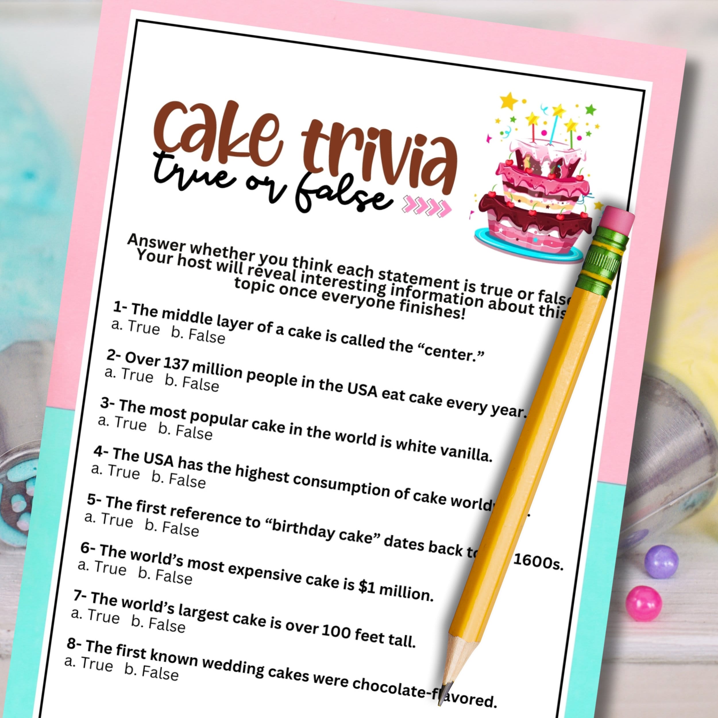 Cake True or False Trivia Printable Activity Quiz Game for Kids Adults ...
