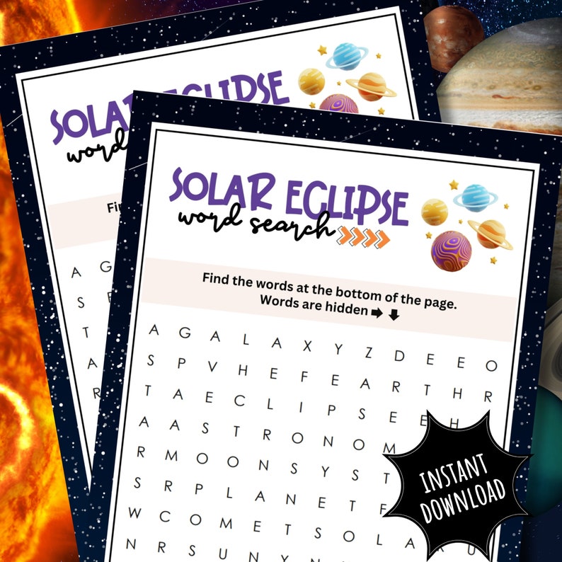 Solar Eclipse Word Search EASY Printable PDF Game Activity for Little Kids to Learn About the ...