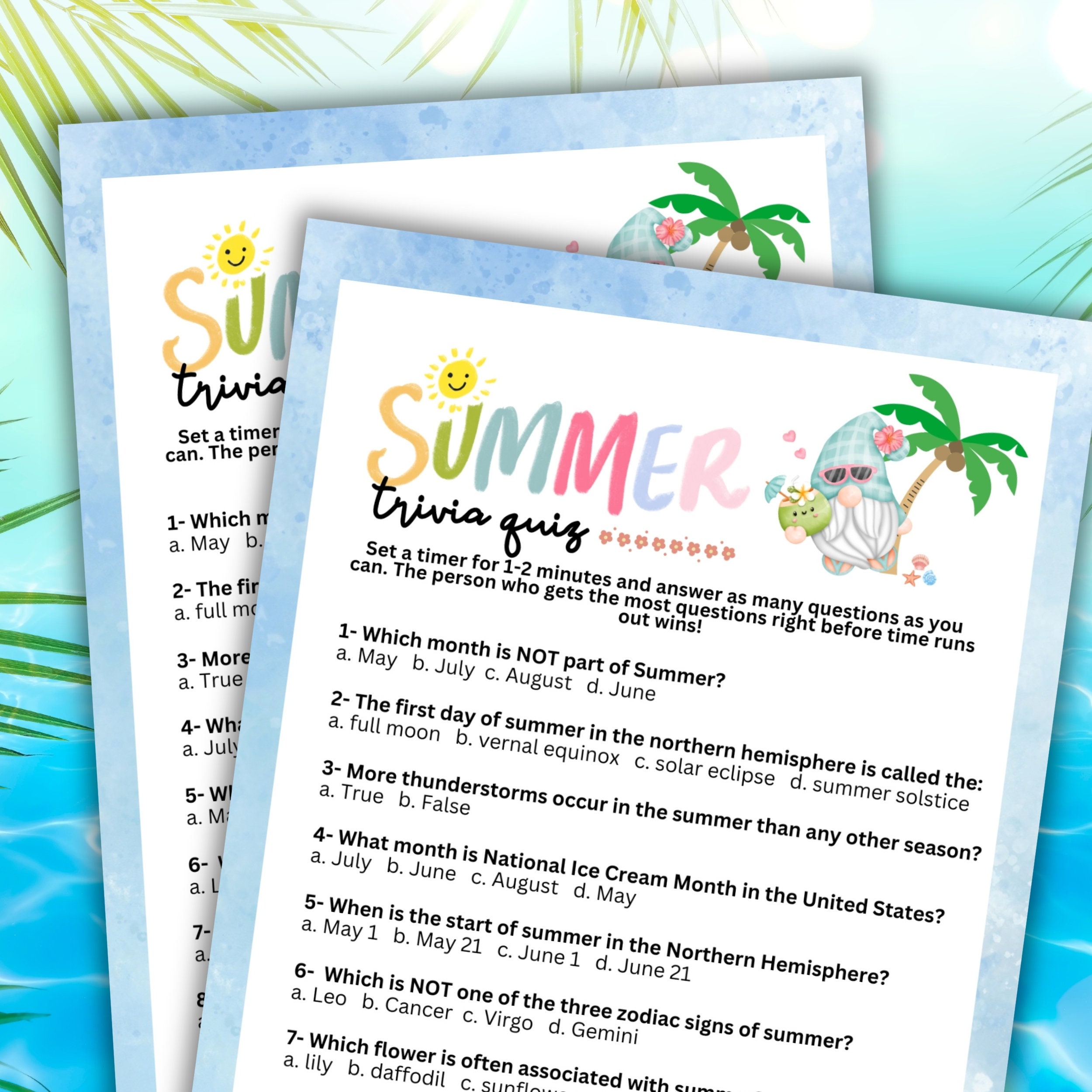 Summer Trivia Printable Multiple Choice Beach Vacation RV Camping Ice ...