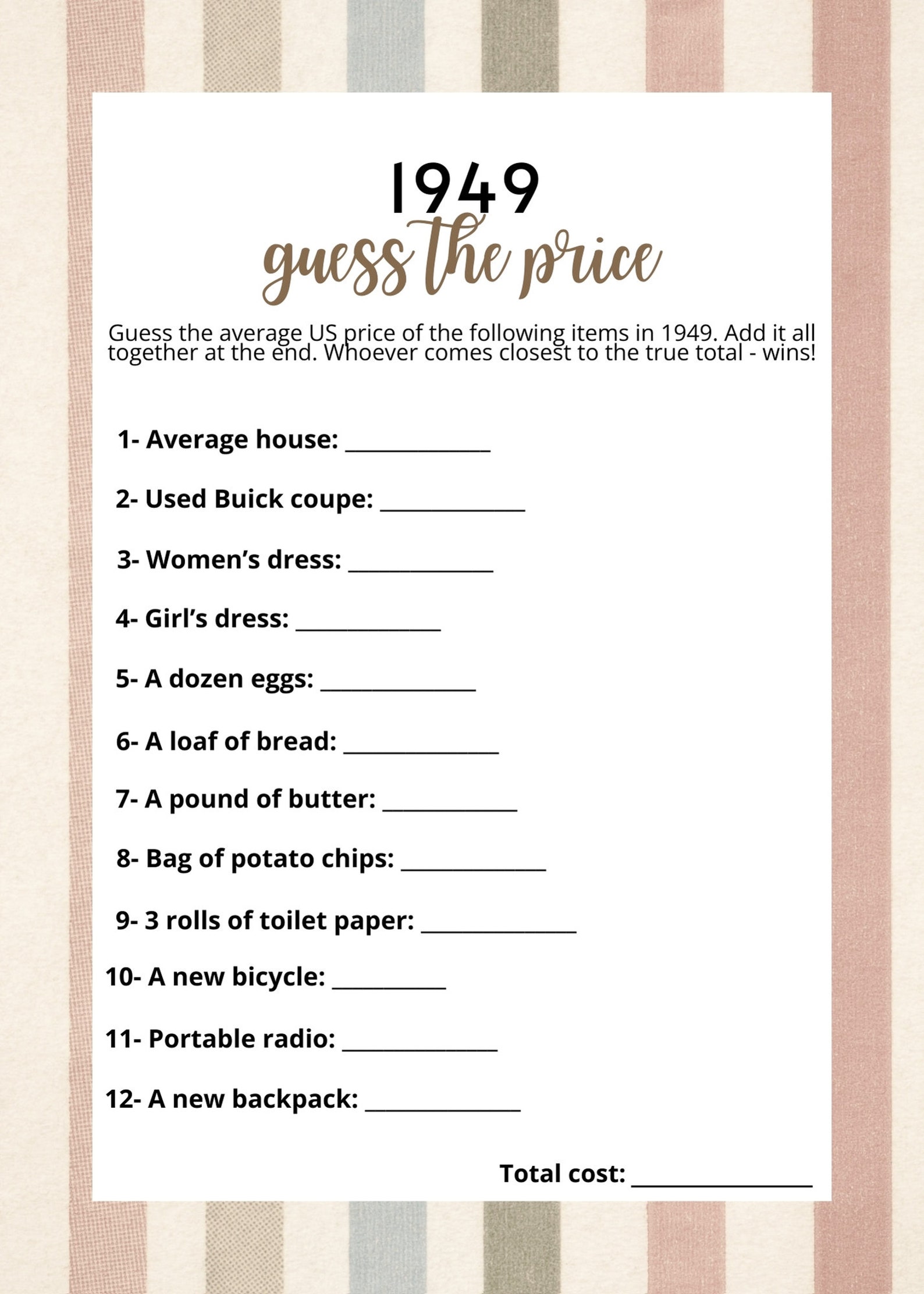 Born in 1949 Trivia 75th Birthday Game Party Pack Bundle Set of Instant ...