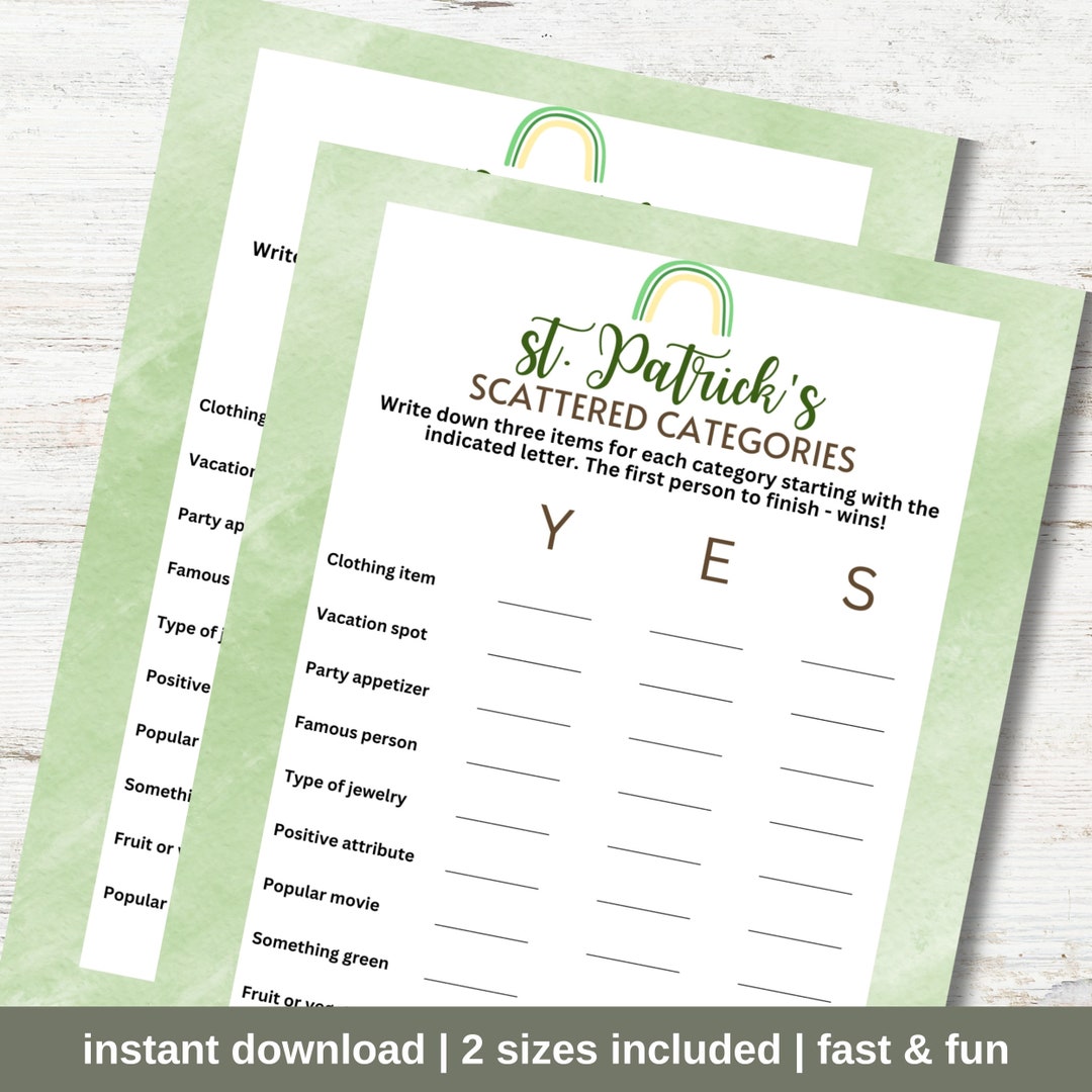 St. Patrick's Day Scattered Categories Word Puzzle Game for Adults to ...