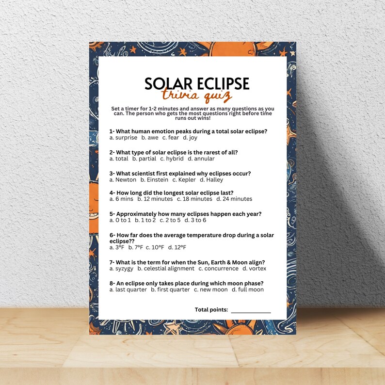 Solar Eclipse Trivia Printable Activity Game for Kids Adults Teenagers ...