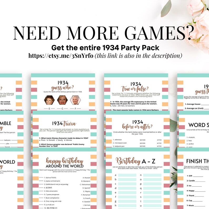 1934 Trivia 90th Birthday Game Bundle (printable Quizzes) - Etsy