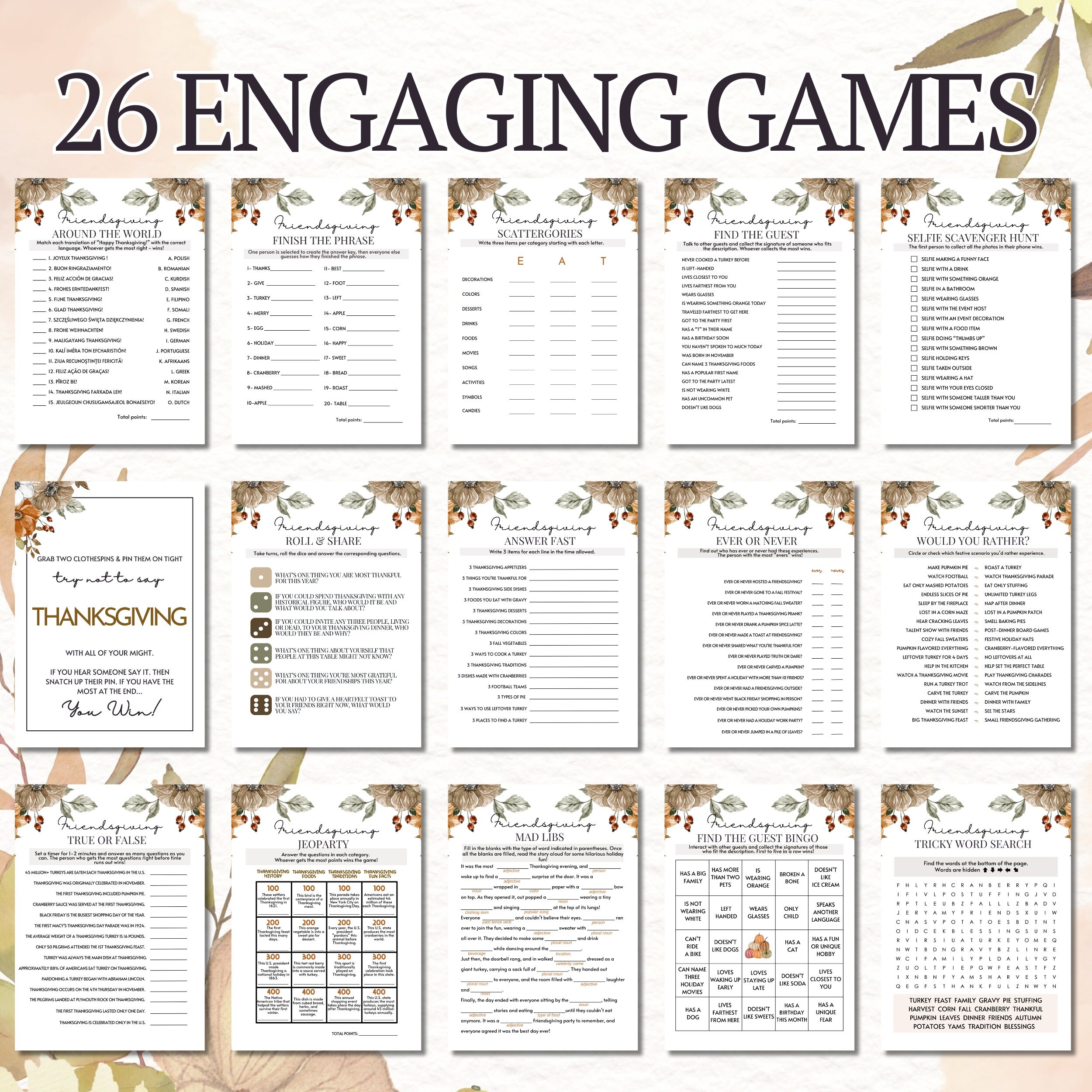 Friendsgiving Party Game Bundle Minimalist Easy Fun for Thanksgiving ...