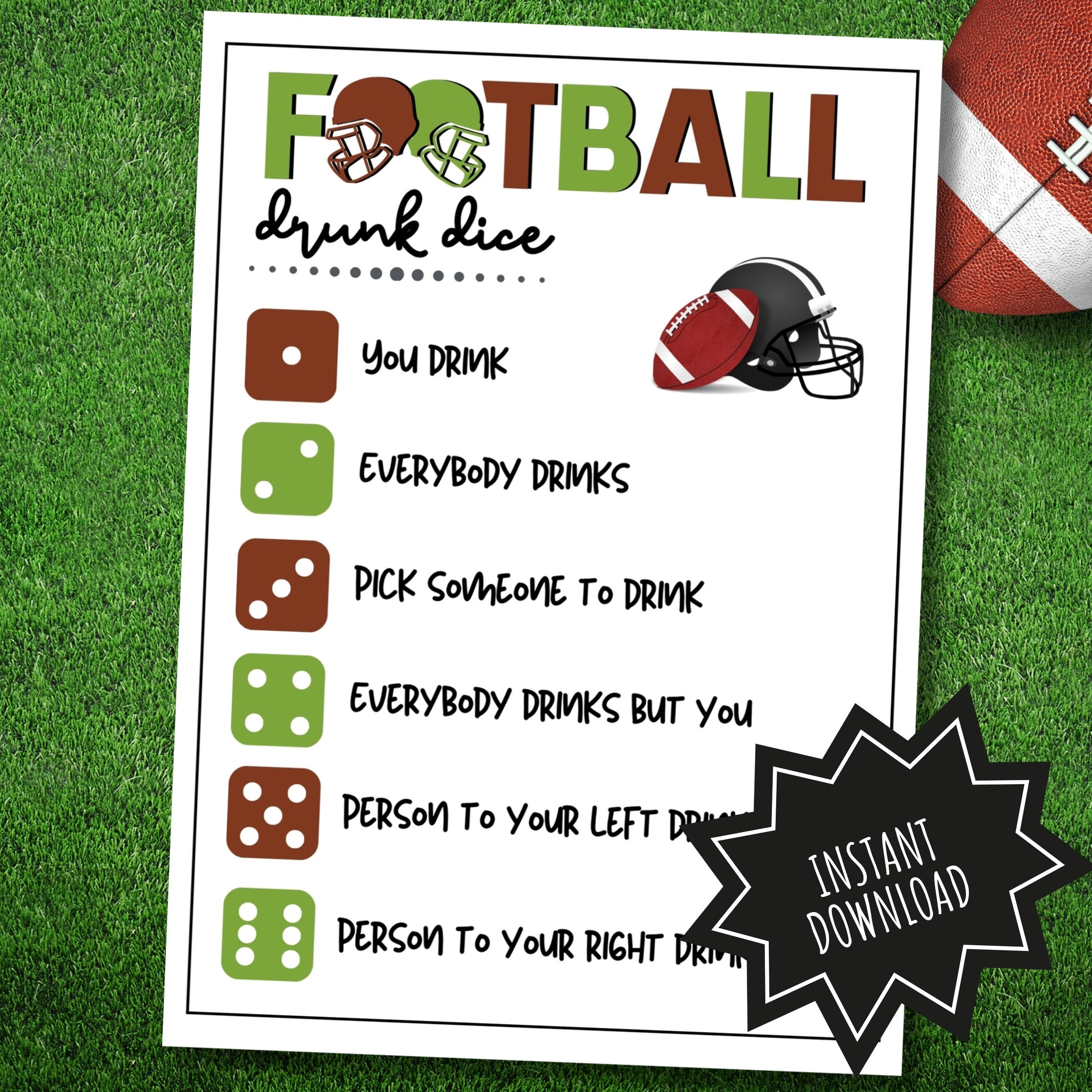 Football Drunk Dice Drinking Printable Game for Adults to Celebrate ...