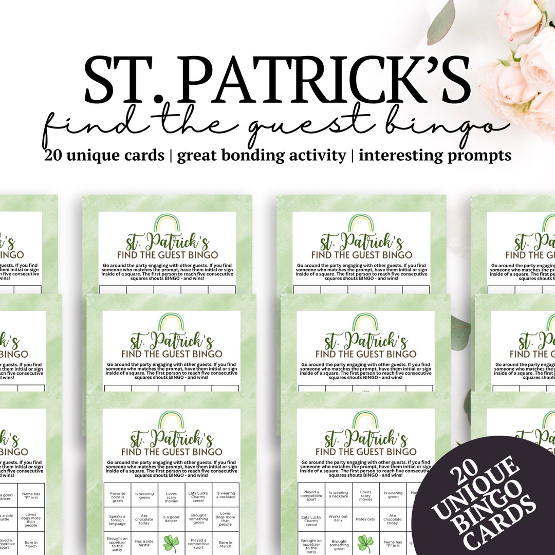 St. Patrick's Day Find the Guest Bingo Game: 20 Unique Cards (PDF) - Etsy
