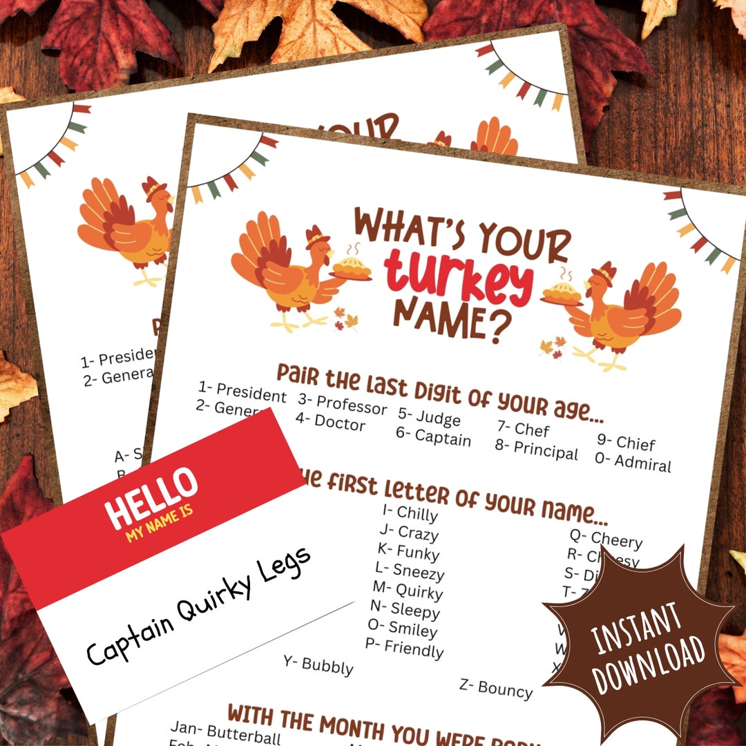 What's Your Turkey Name Game Personalized Thanksgiving Party Activity ...