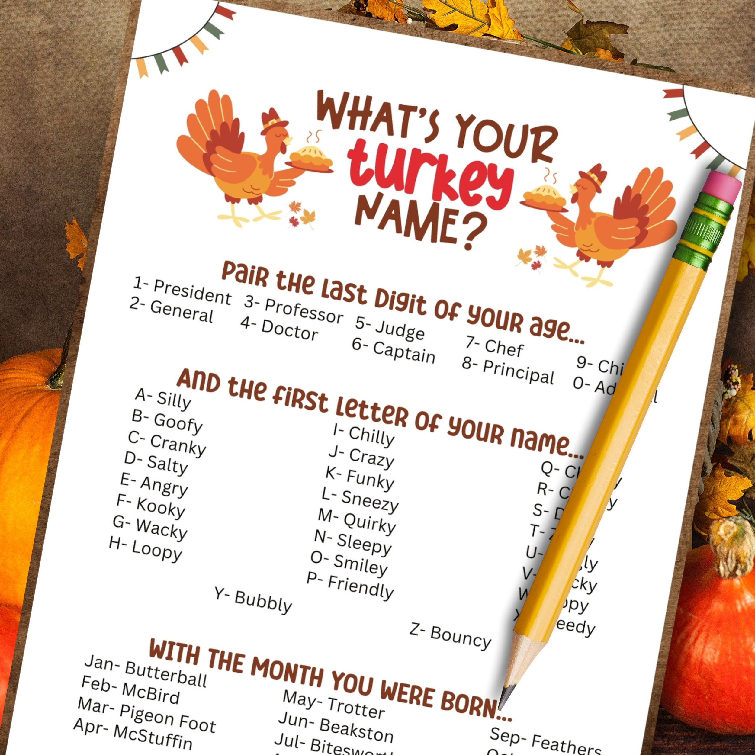 What's Your Turkey Name Game Personalized Thanksgiving Party Activity ...