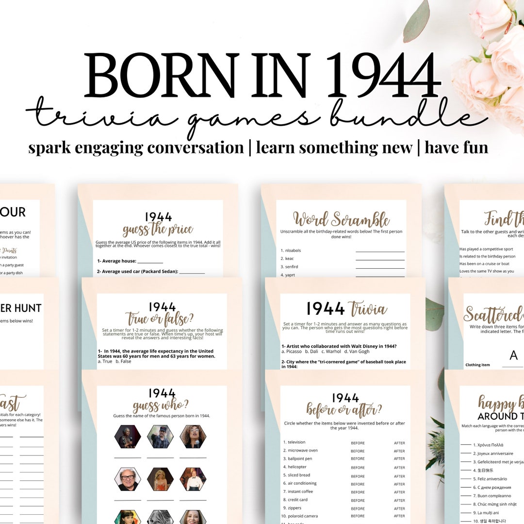 80th Birthday Games 1944 Printable Party Pack Bundle Set of Instantly ...