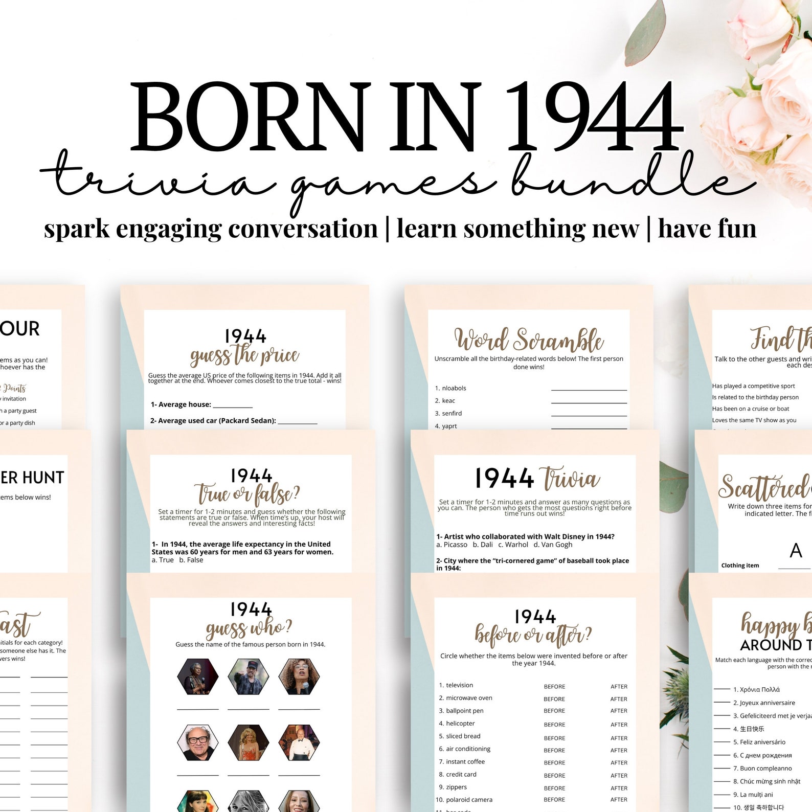80th Birthday Games 1944 Printable Party Pack Bundle Set of Instantly ...