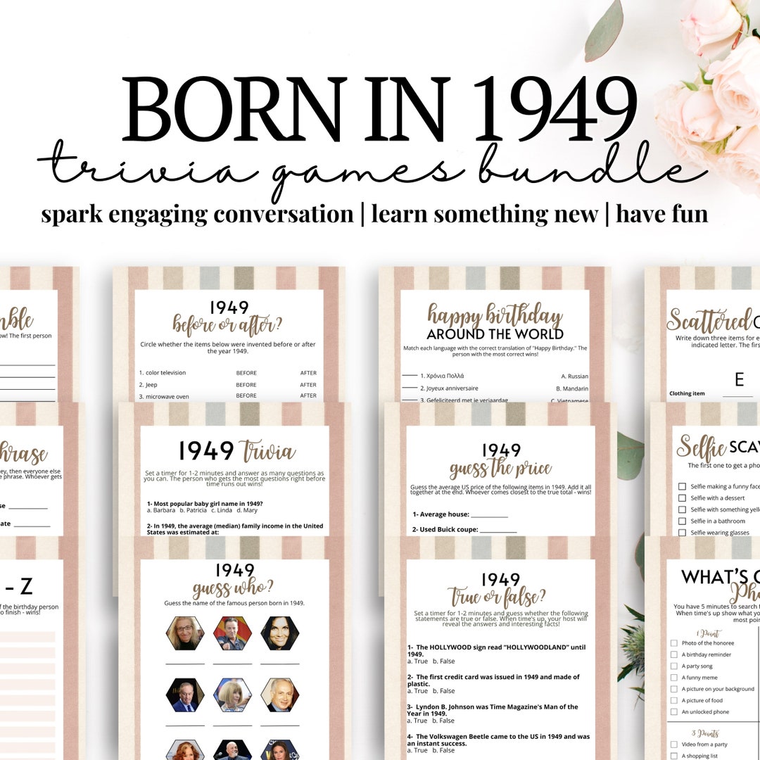 Born in 1949 Printable Milestone Birthday Game Party Pack Bundle Set of ...