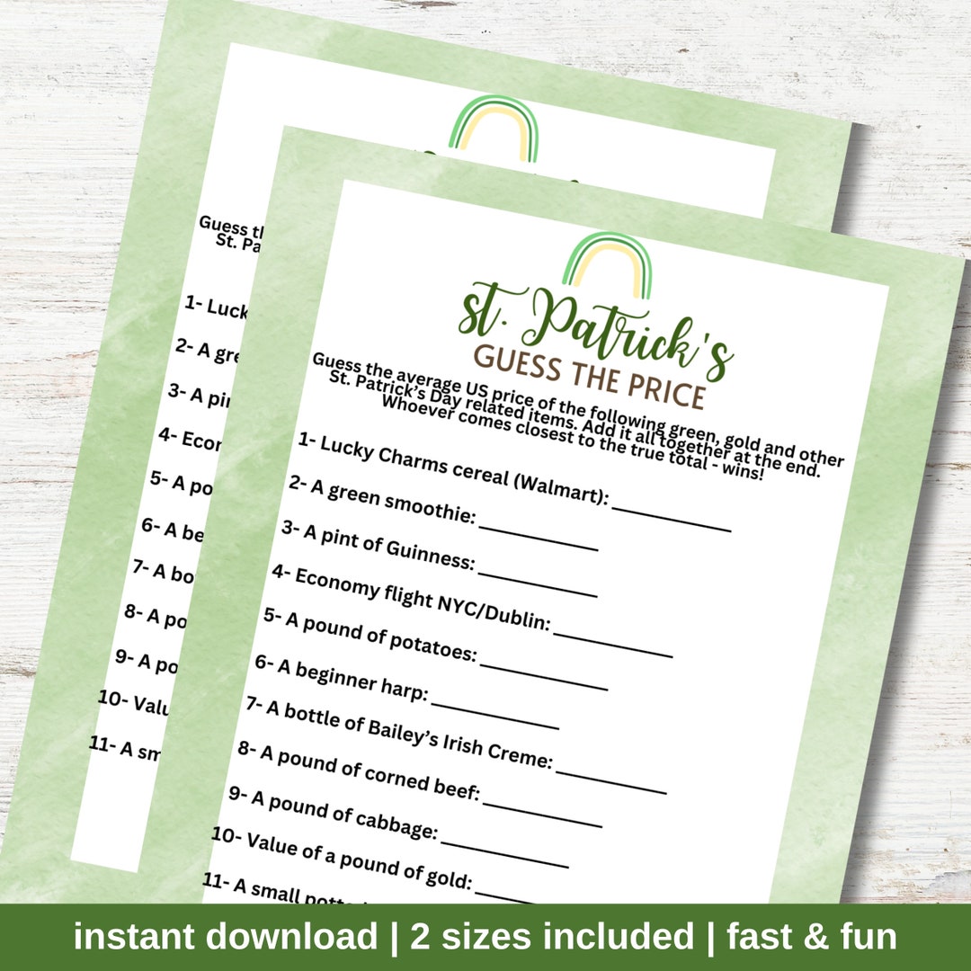 St. Patrick's Day Guess the Right Price Trivia Printable PDF Game for ...