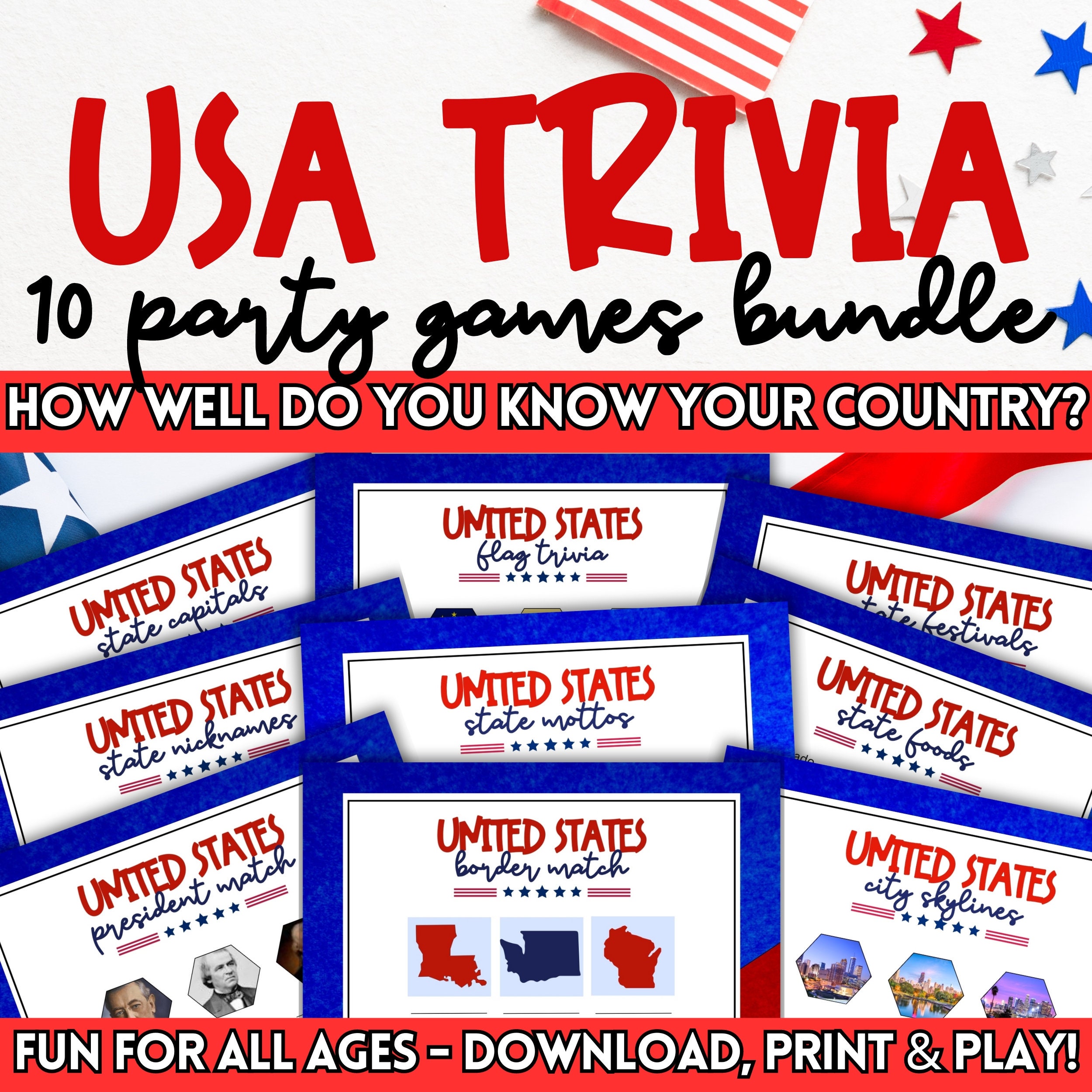 USA Patriotic Trivia Party Games for Fourth of July Memorial Labor ...