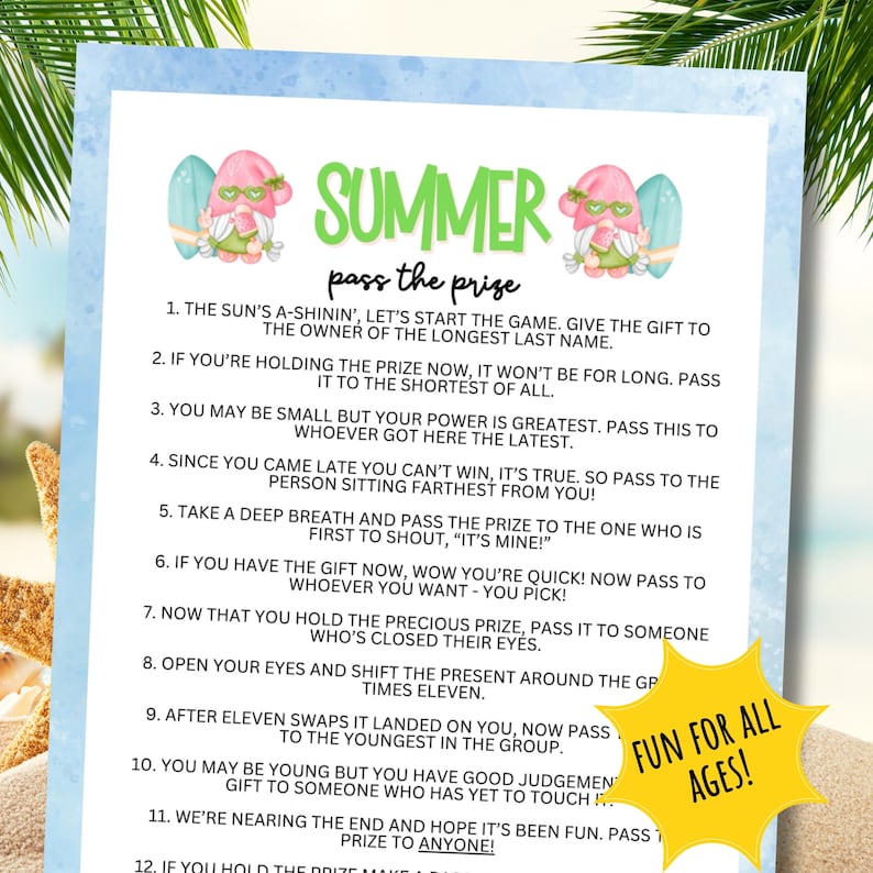 Summer Pass the Prize Game: Family Party Activity (digital Download) - Etsy