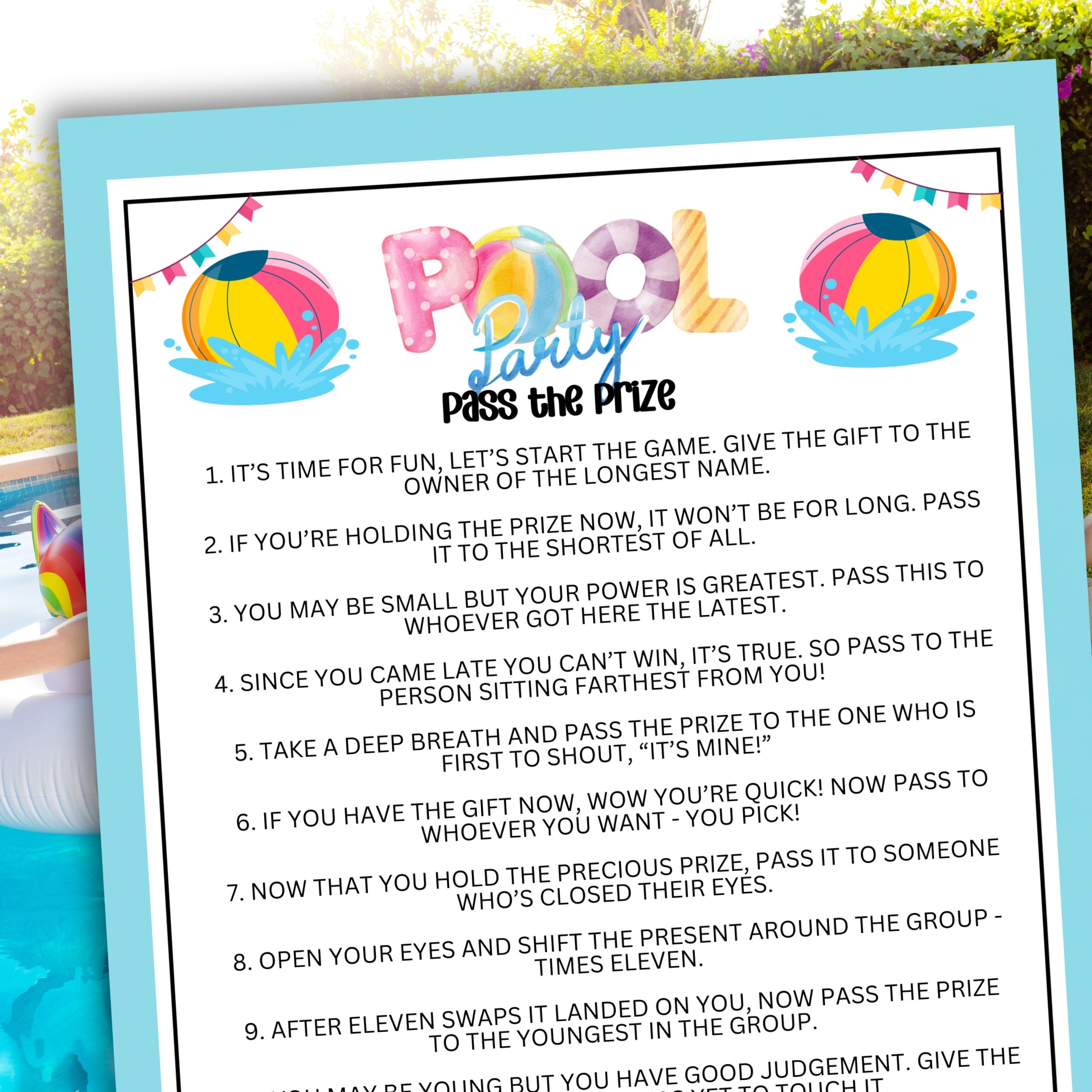 Pool Party Pass the Prize Left Right Summer Themed Activity Backyard ...