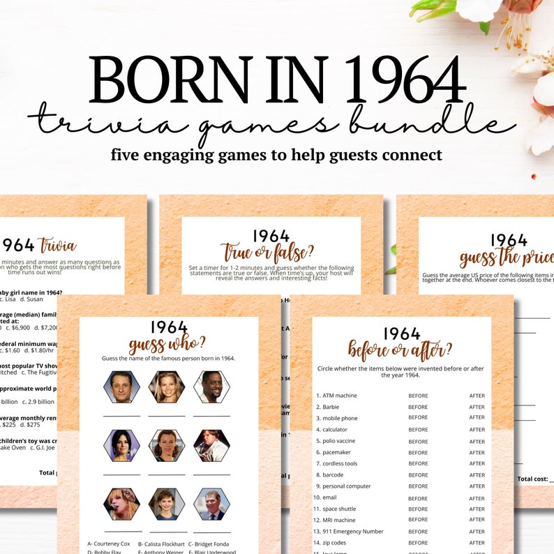 Born in 1964 Trivia 60th Birthday Game Party Pack Bundle Set of Instant ...