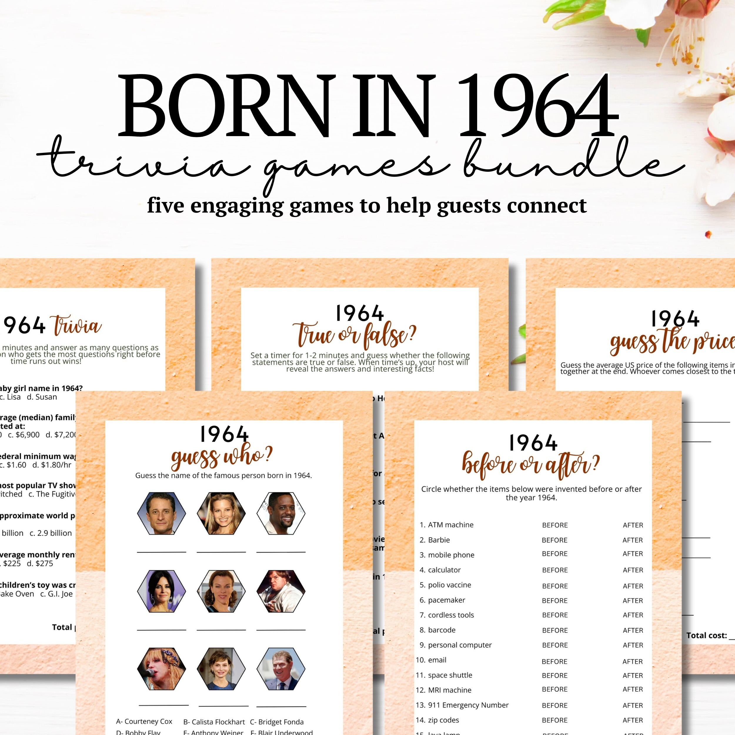 Born in 1964 Trivia 60th Birthday Game Party Pack Bundle Set of Instant ...