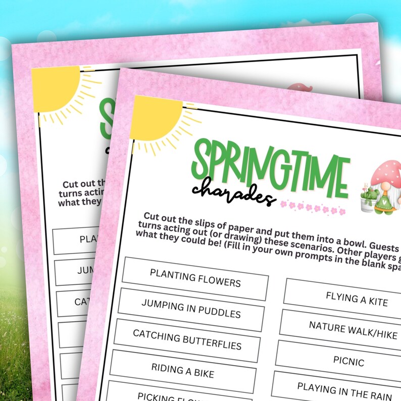 Spring Charades Game for Seasonal Parties Family Gatherings Picnics ...
