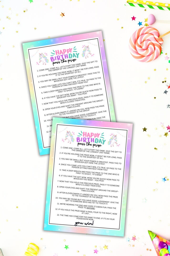 Unicorn Birthday Party Pass the Prize Left Right Pink Purple Game ...