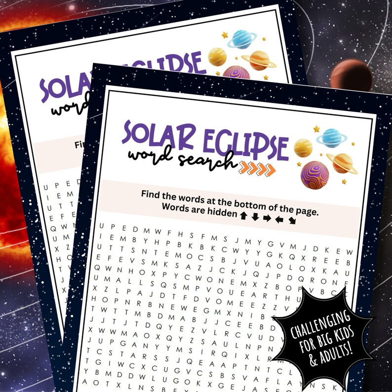 Solar Eclipse Word Search HARD Printable PDF Game Activity for Older ...