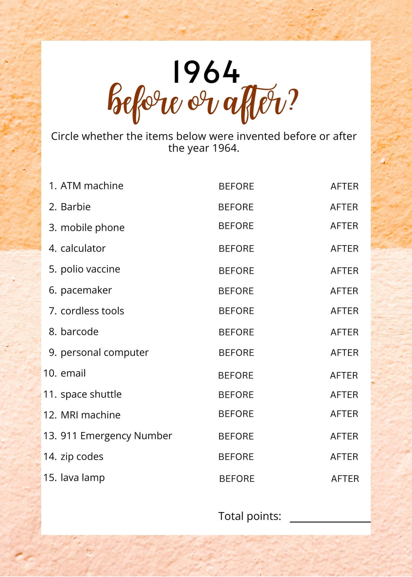 Born in 1964 Trivia 60th Birthday Game Party Pack Bundle Set of Instant ...