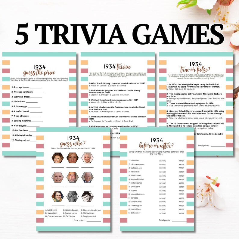 1934 Trivia 90th Birthday Game Bundle (printable Quizzes) - Etsy