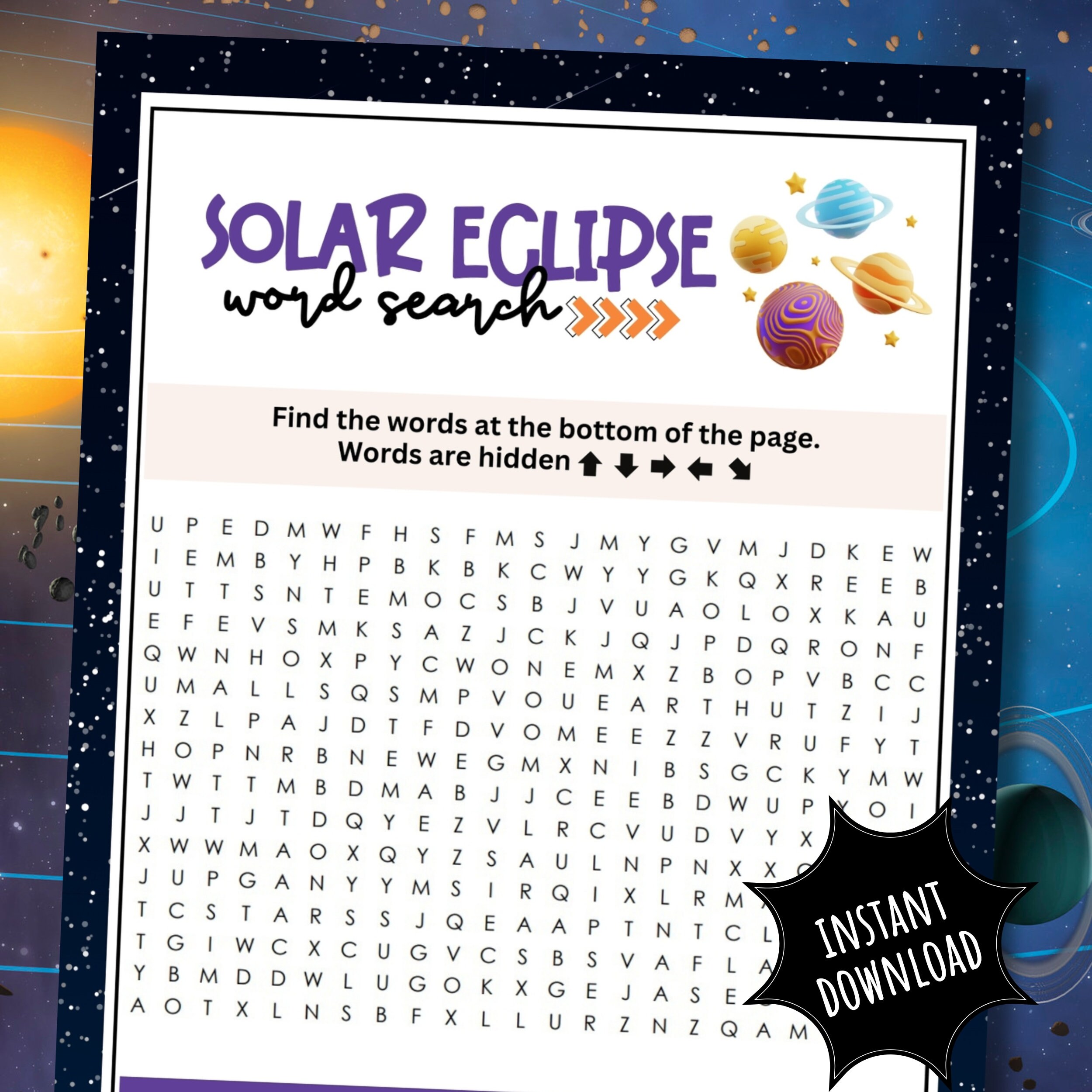 Solar Eclipse Word Search HARD Printable PDF Game Activity for Older ...