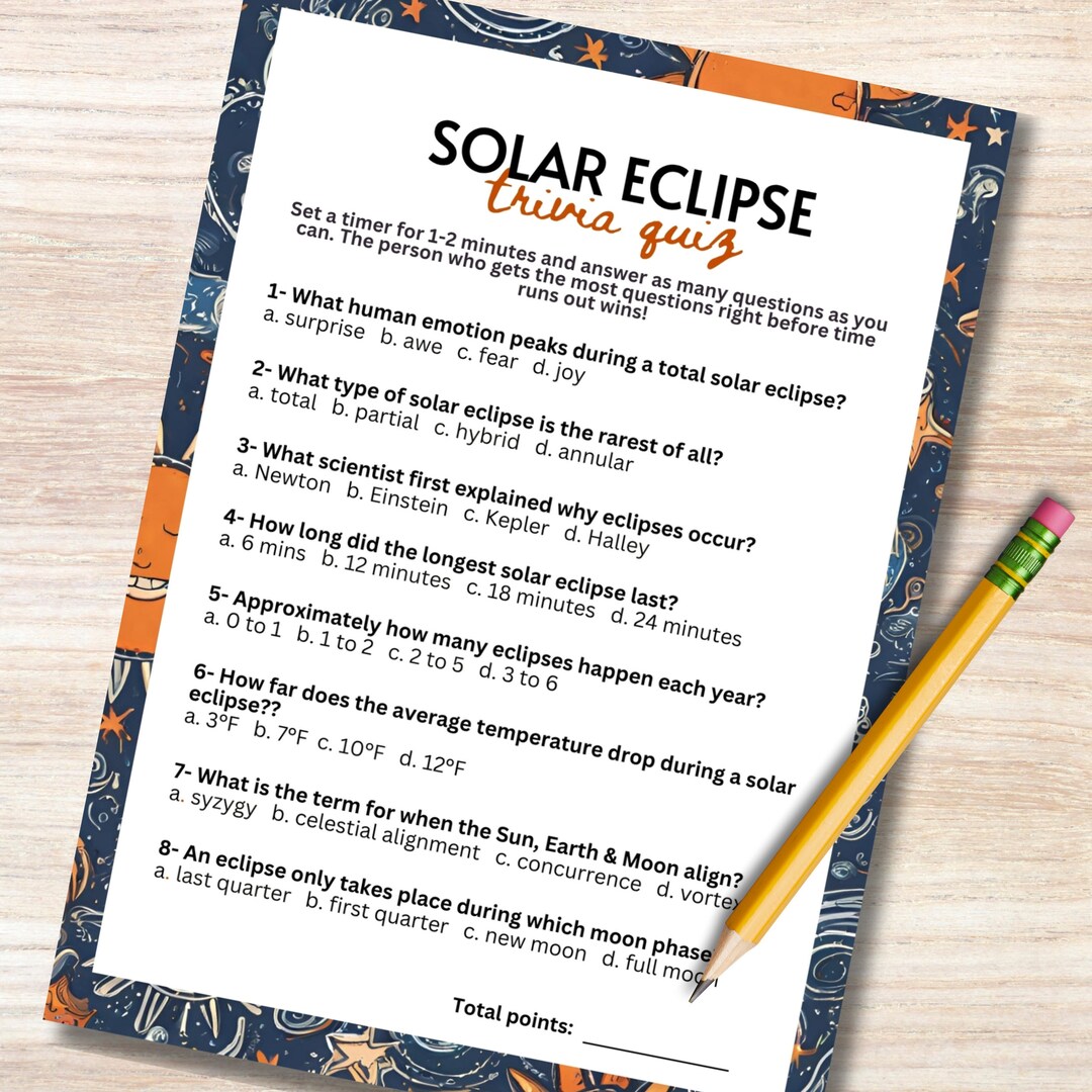 Solar Eclipse Trivia Printable Activity Game for Kids Adults Teenagers ...