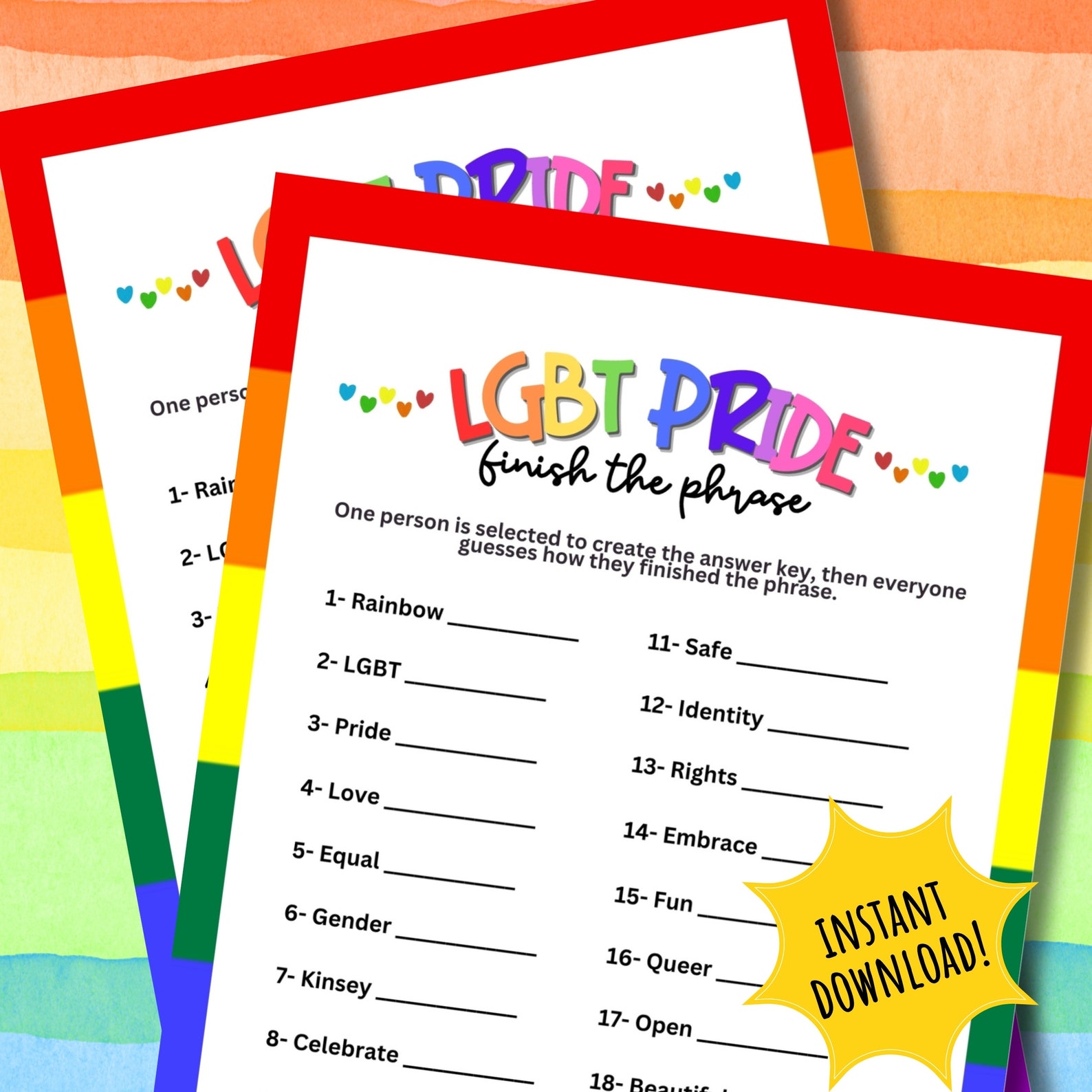 LGBT Pride Party Finish the Phrase Game Word Trivia Quiz for Rainbow ...