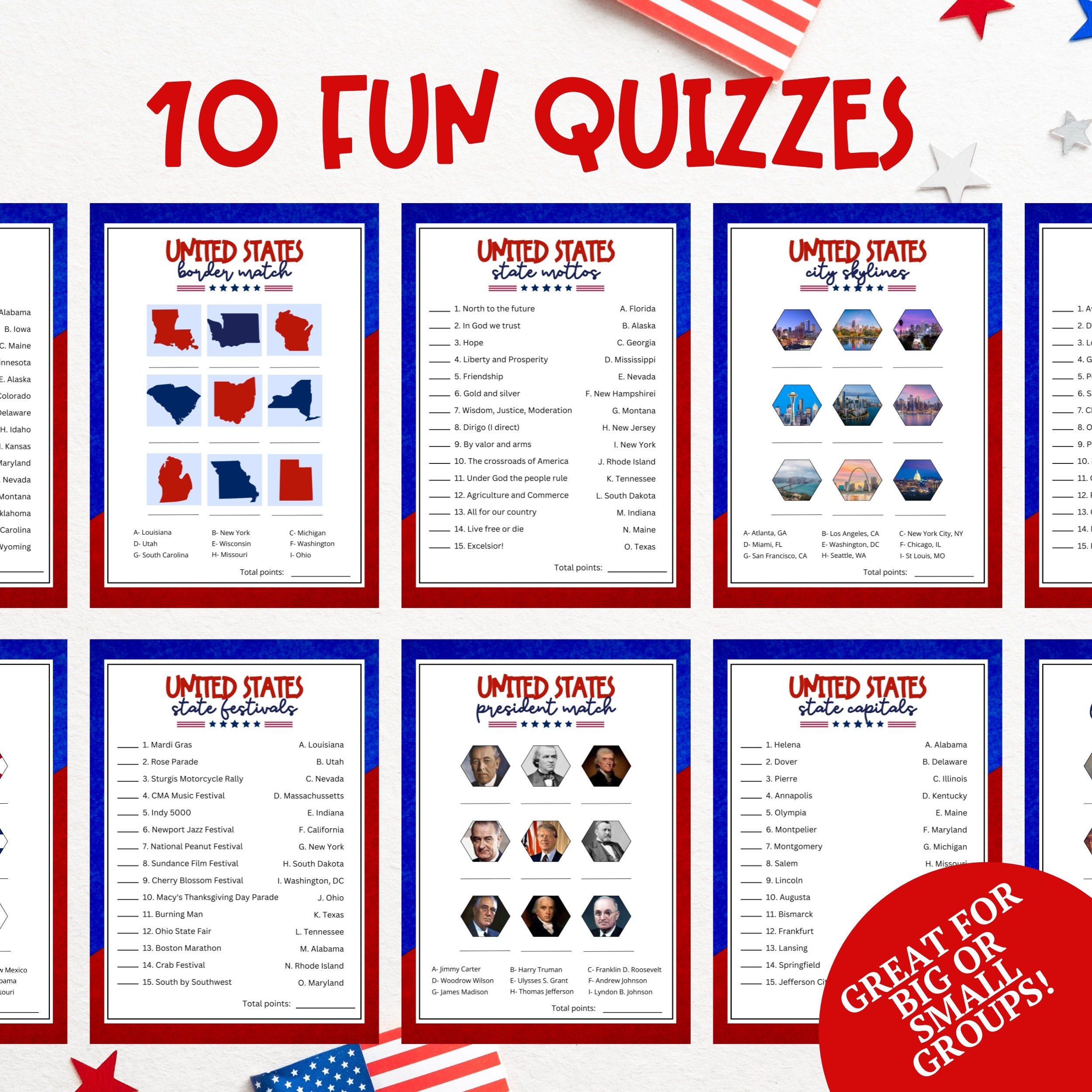 USA Patriotic Trivia Party Games for Fourth of July Memorial Labor ...