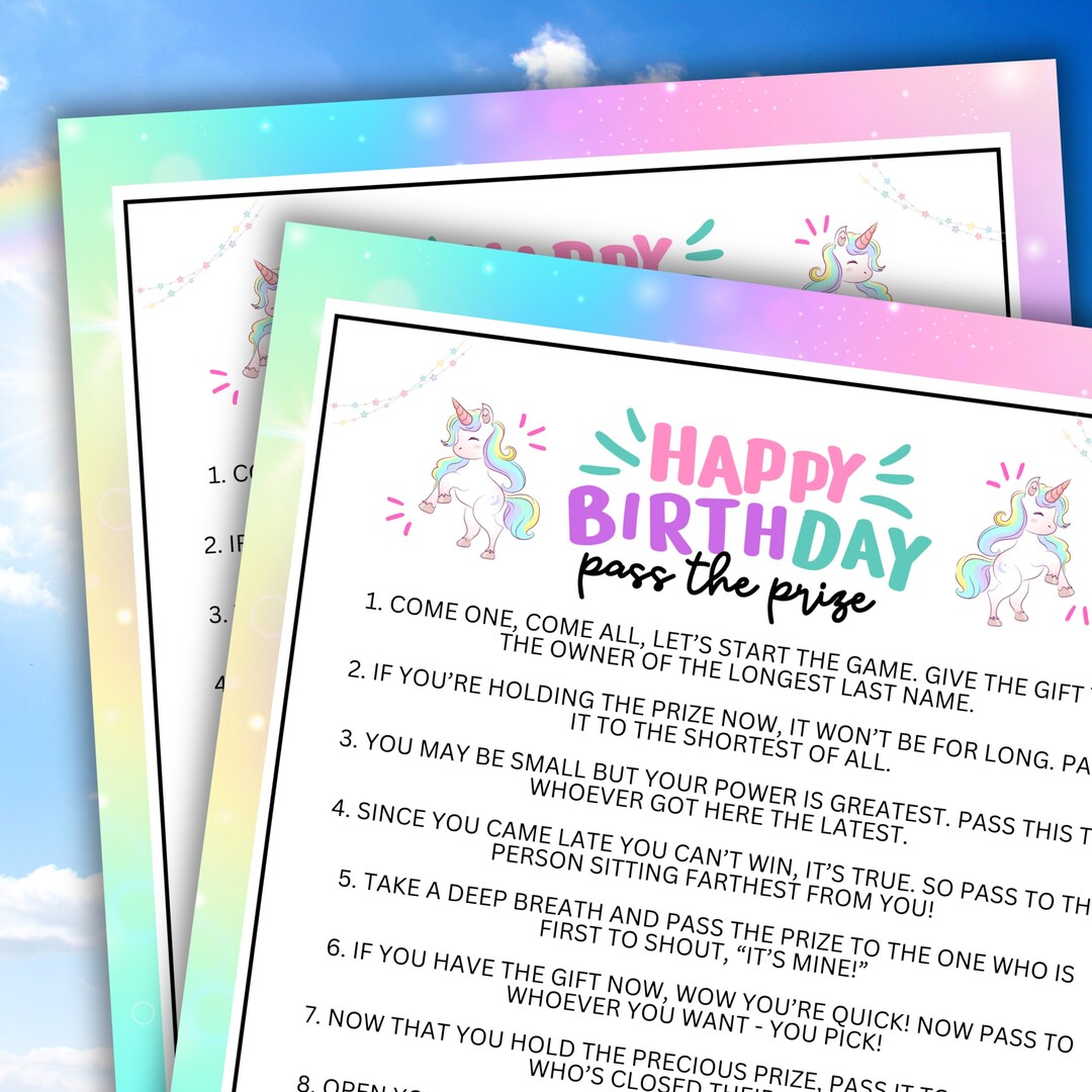 Unicorn Birthday Party Pass the Prize Left Right Pink Purple Game ...