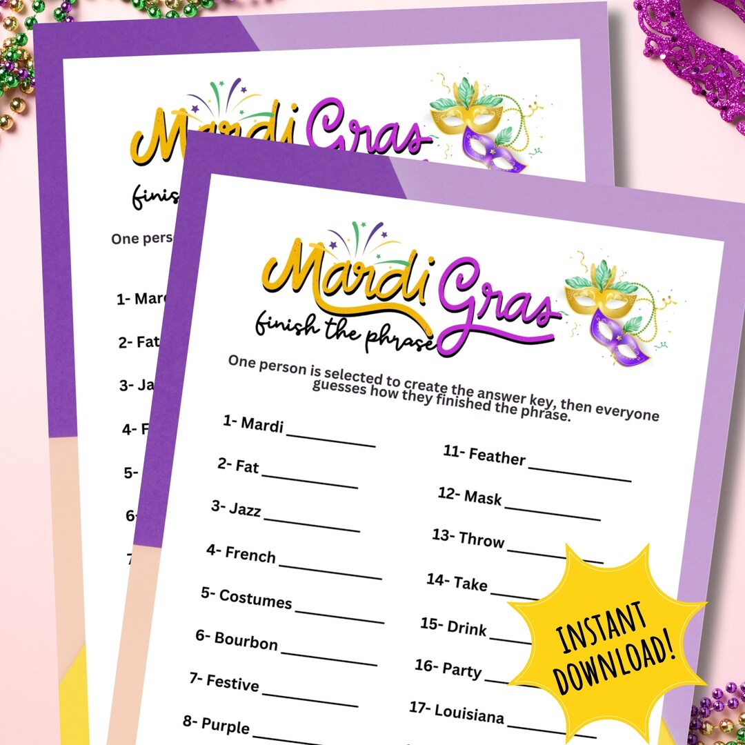 Mardi Gras Party Finish the Phrase Game Word Trivia Quiz for Fat ...