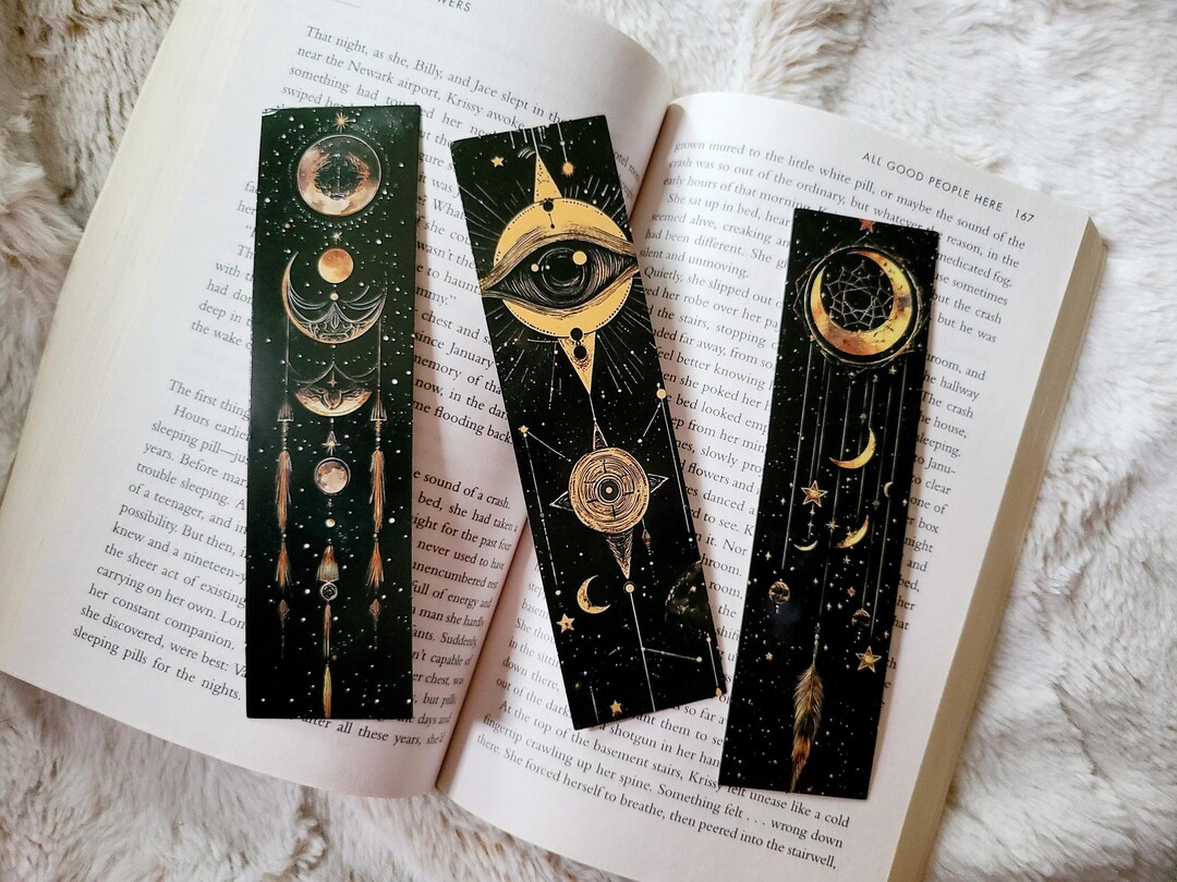3 Pack Set of Cosmic Celestial Bookmarks - Classic Bookmarks - Sun Moon and Stars - Gold and ...