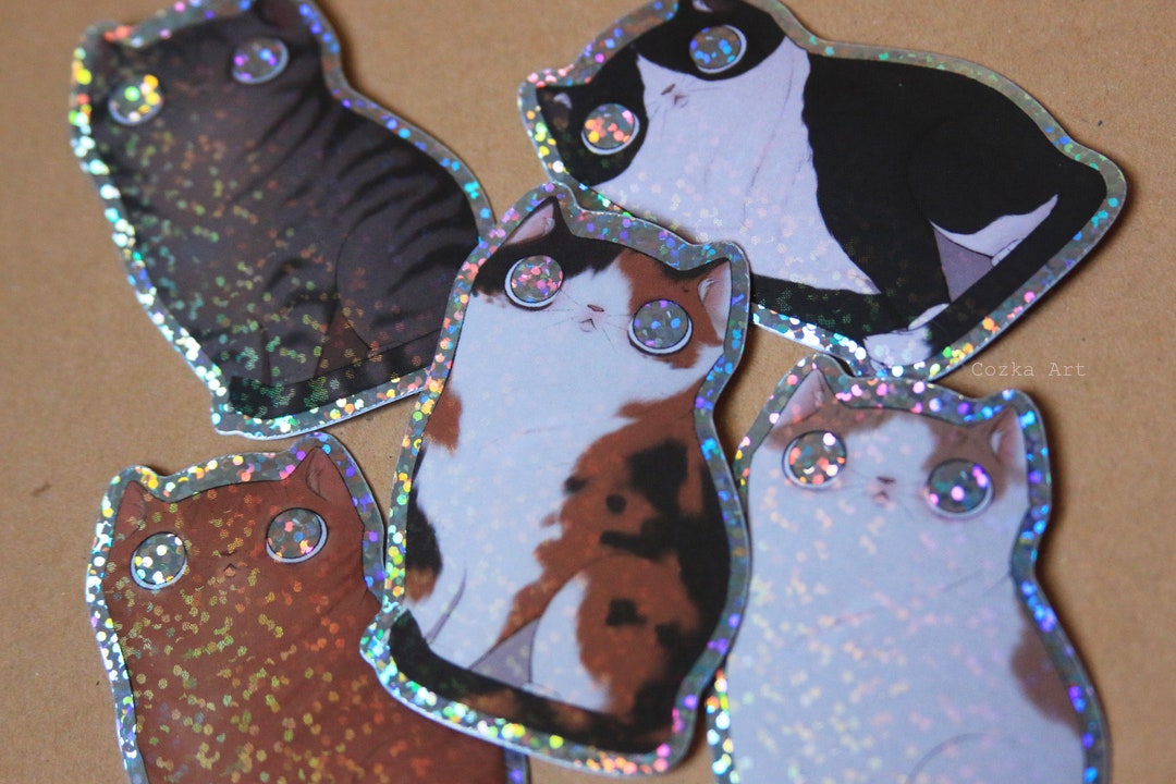 Starry Eyed Cat Stickers Glitter Cat Vinyl Sticker Holographic Kitten ...