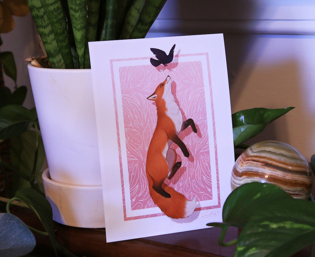 Fox and Bird Art Print Fox With Blackbird Prints Nature Inspired ...
